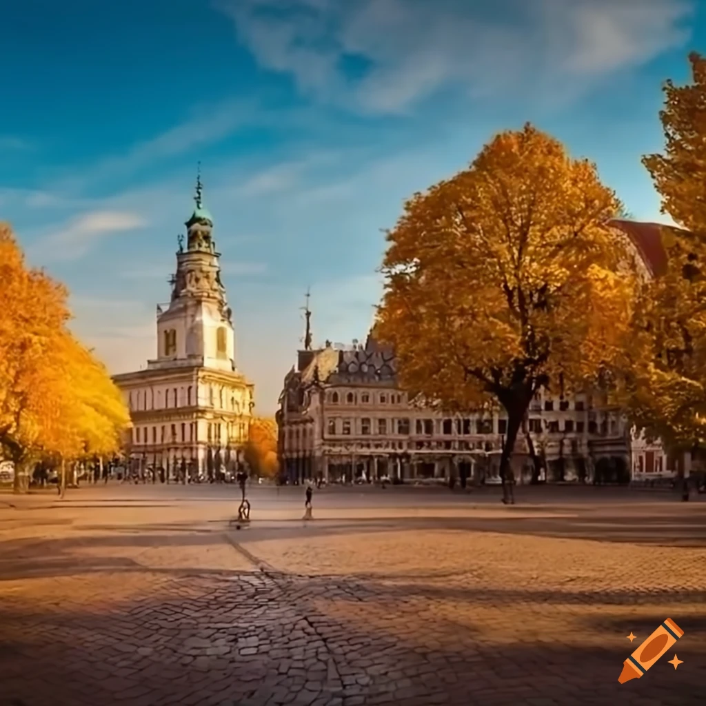 Summer in a hungarian town square with autumn trees on Craiyon