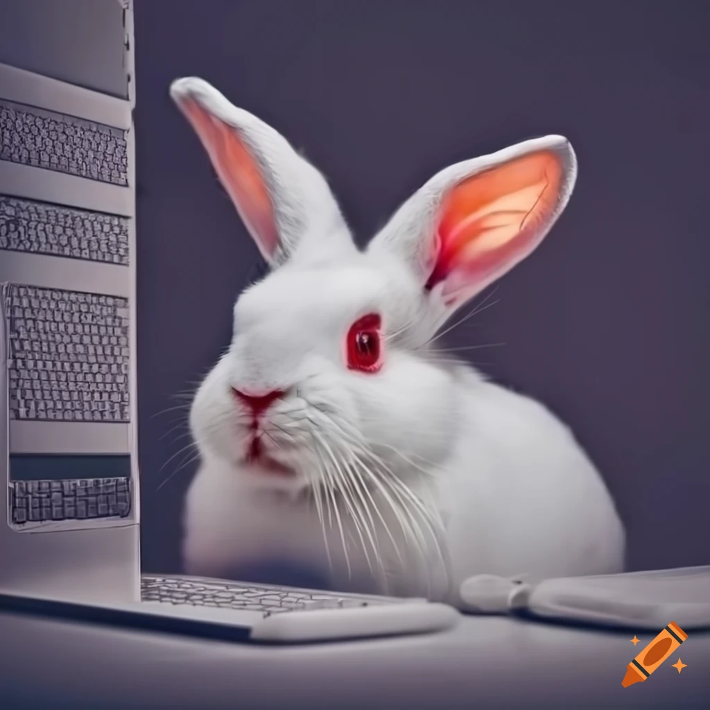 White rabbit with glasses operating a computer