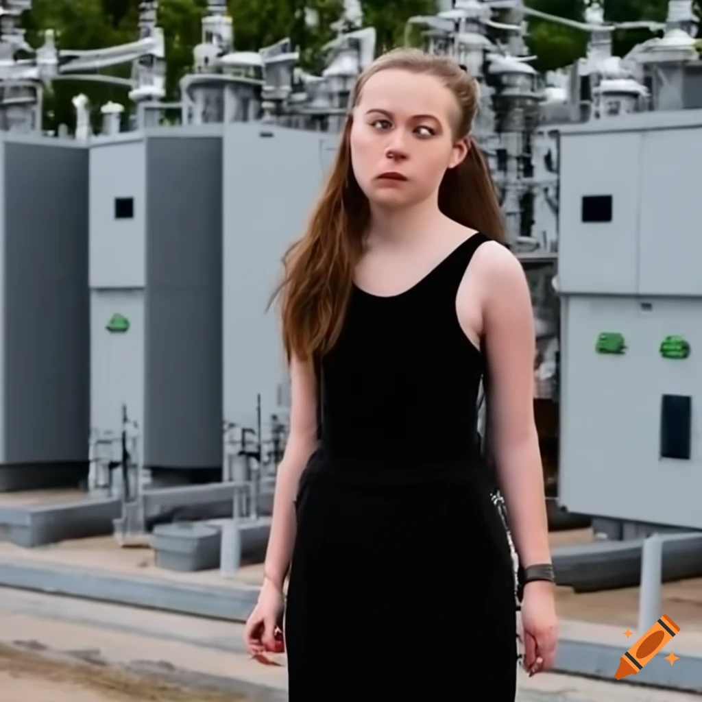 Shauna rae standing near a power substation with a bold expression on Craiyon
