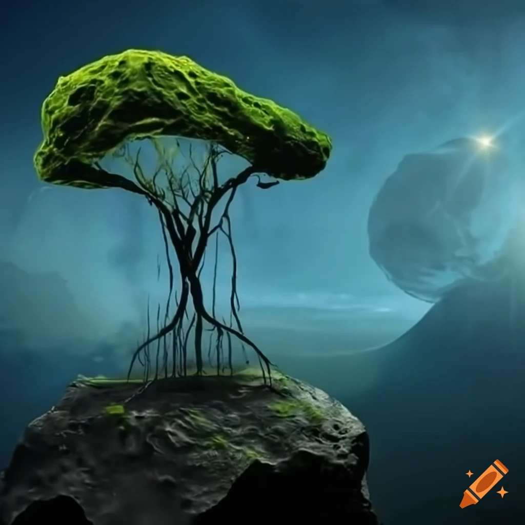 Artistic depiction of trees growing on an asteroid on Craiyon