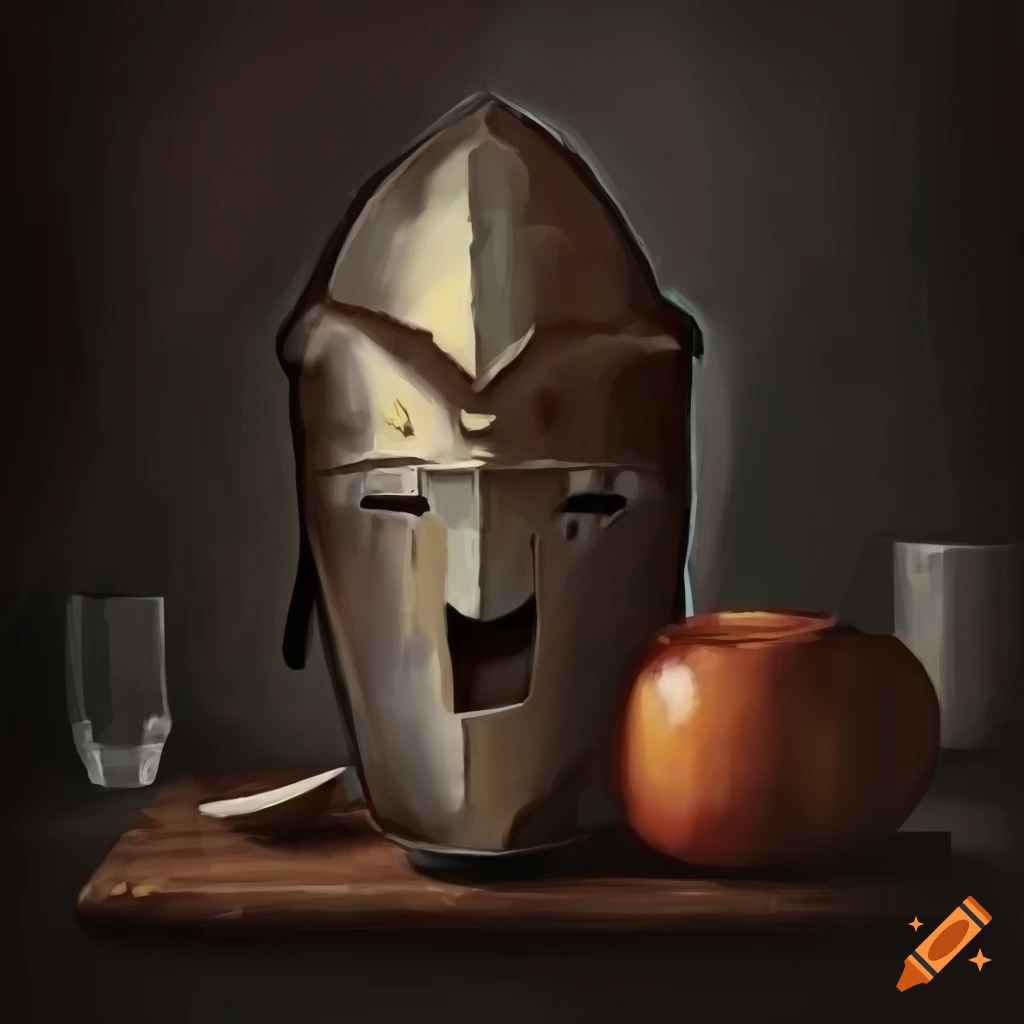 Dark kitchen scene with a knight holding a blender on Craiyon