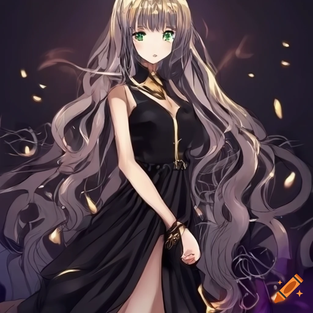 Anime girl with elegant black dress and gold jewelry on Craiyon