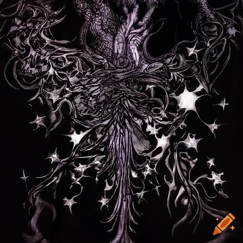 Intricate black and white abstract art with spikes and stars on Craiyon