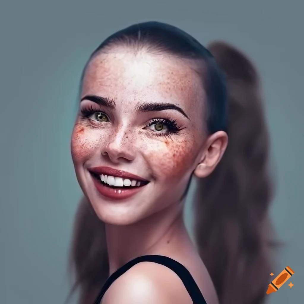 Portrait of a beautiful young woman with freckles and green eyes on Craiyon