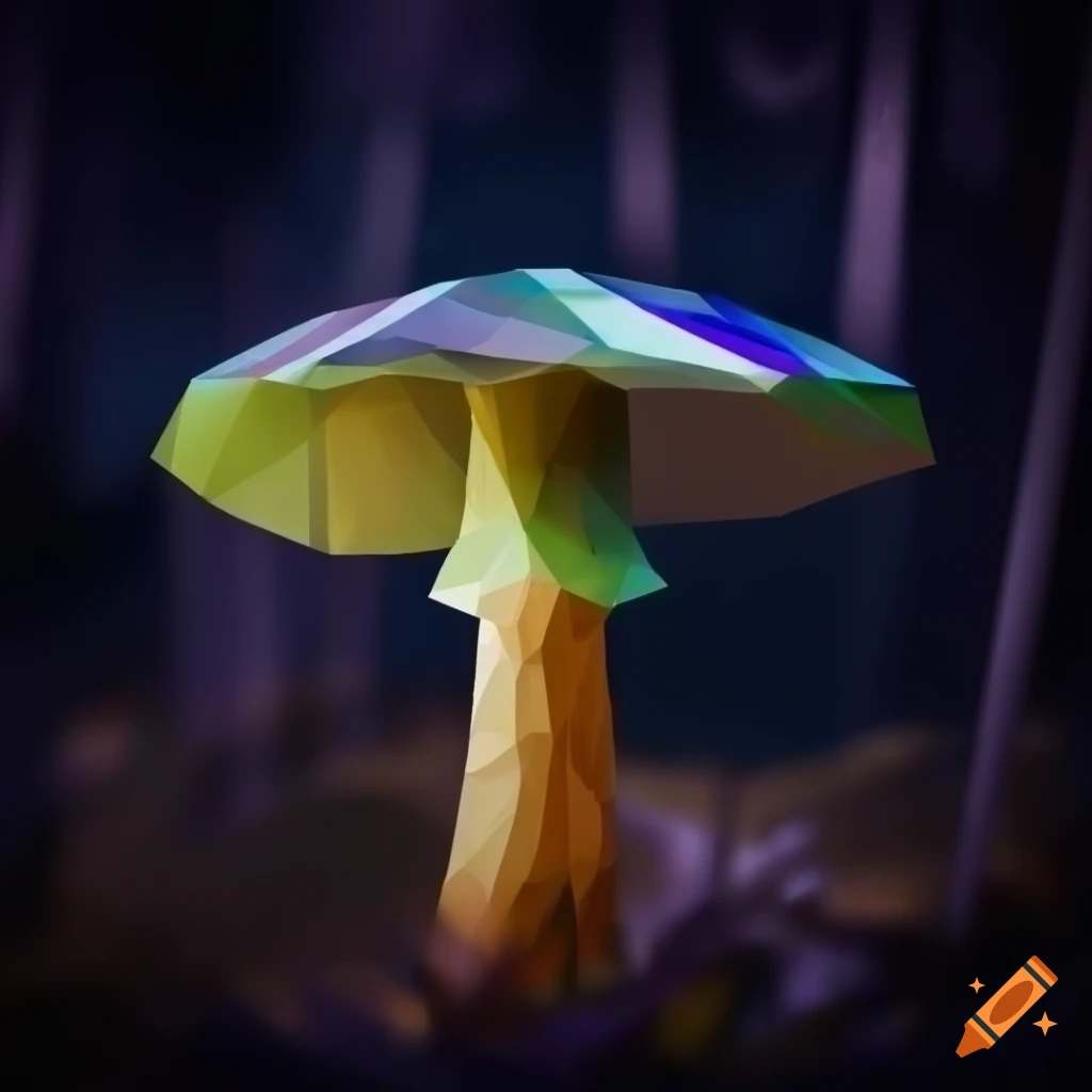 Colorful low poly mushroom in a grayscale forest
