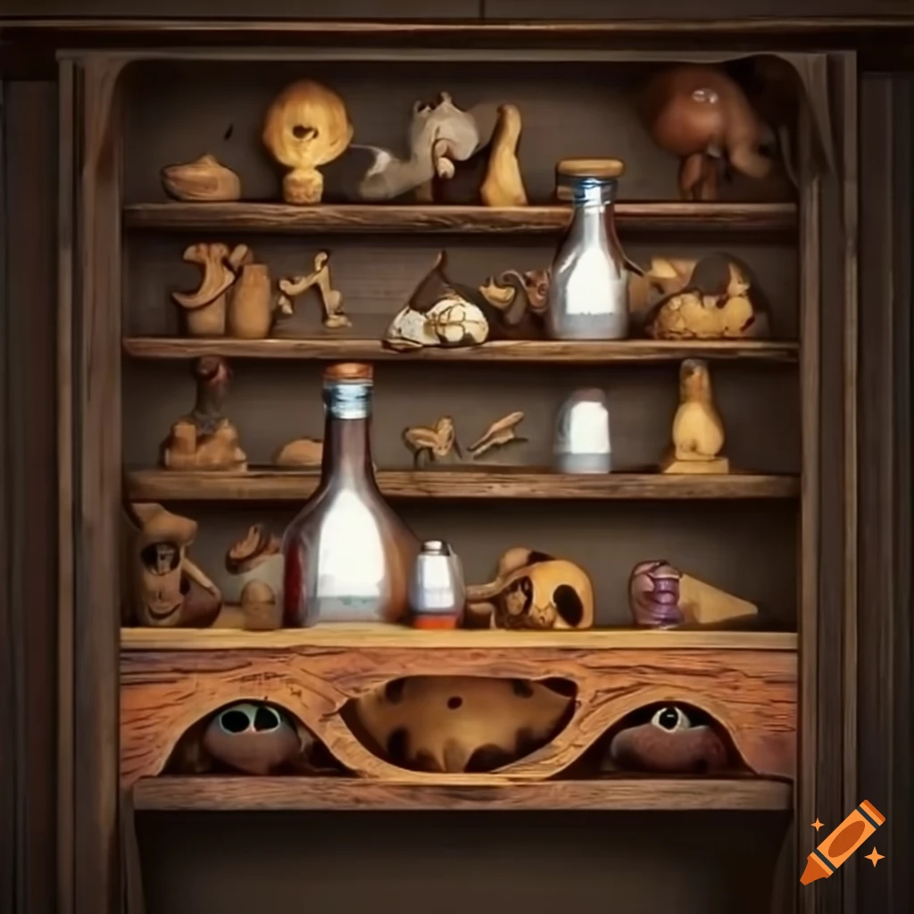 Fantasy wooden shelf with various items on Craiyon