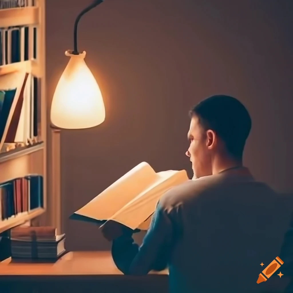 Young man reading a book at night on Craiyon