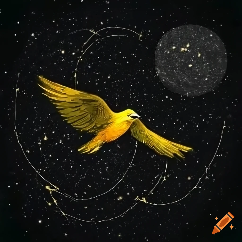 Yellow bird flying among constellations in space