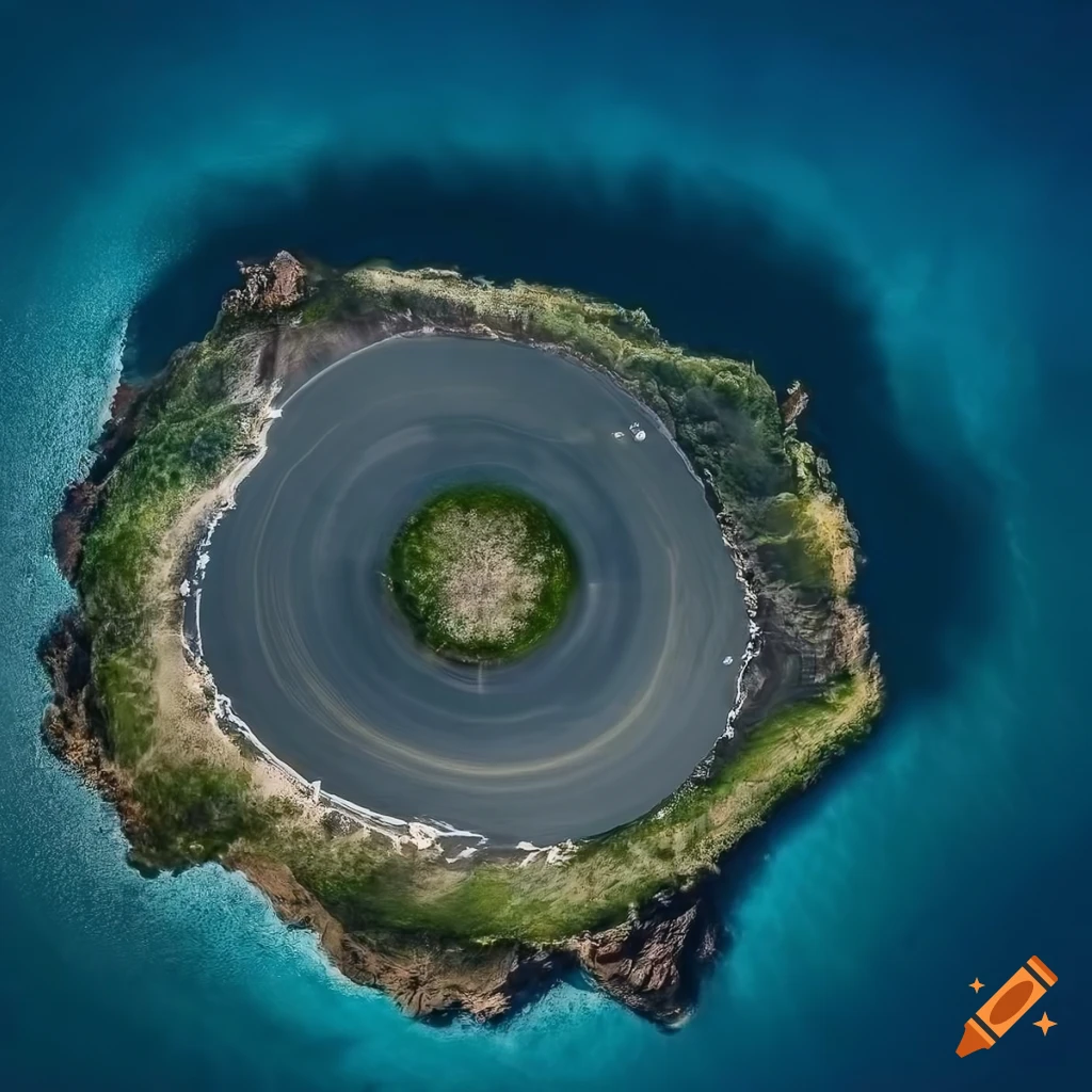 Aerial view of a mountain island with circular road on Craiyon