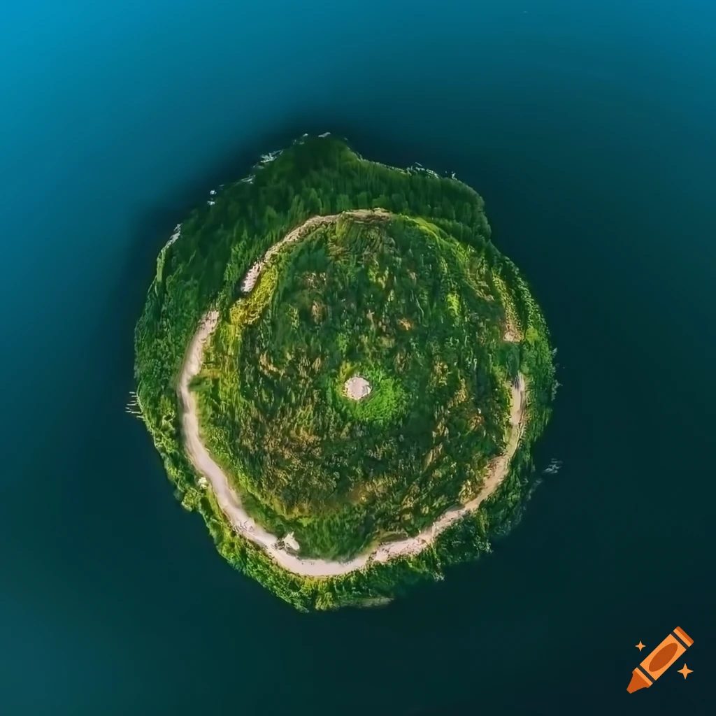 Aerial view of circular road around mountain island