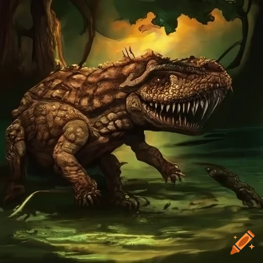 Fantasy monster in swamp in the style of frank frazetta on Craiyon