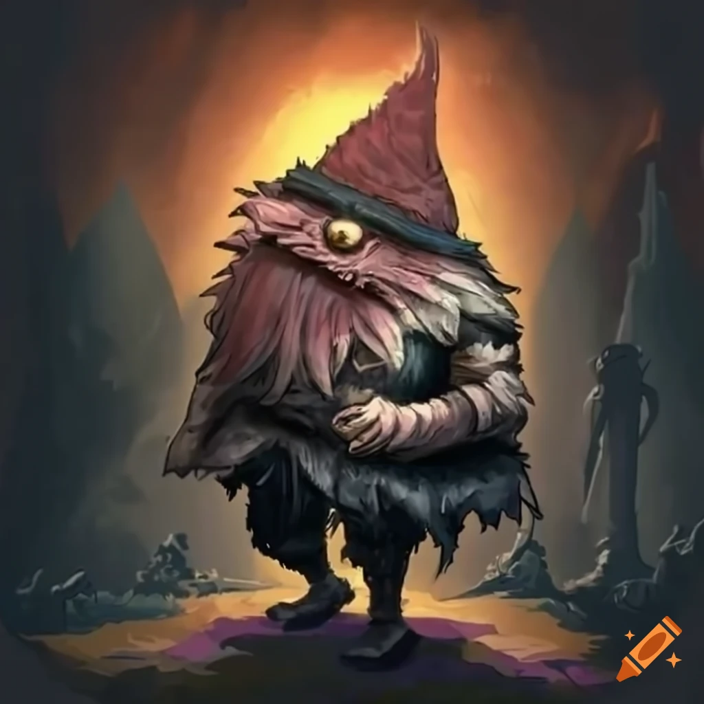 Fantasy illustration of a gnome battling a monstrous dog on Craiyon