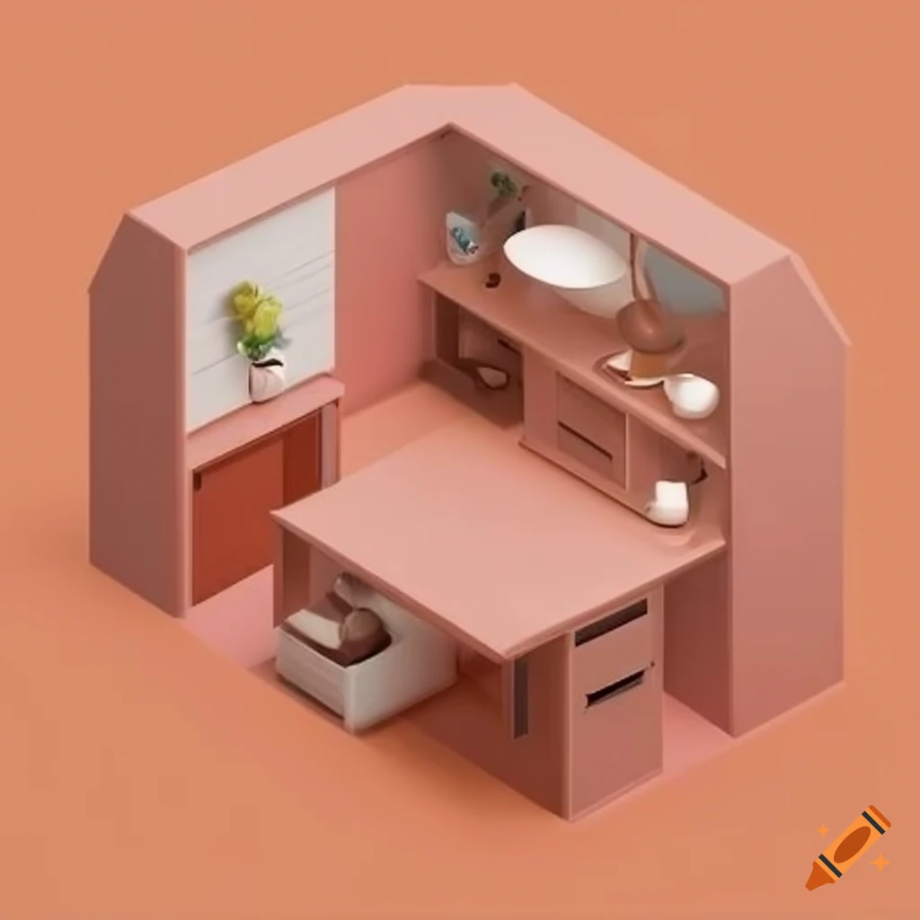 Peach isometric cozy cube room with kitchen and stairs
