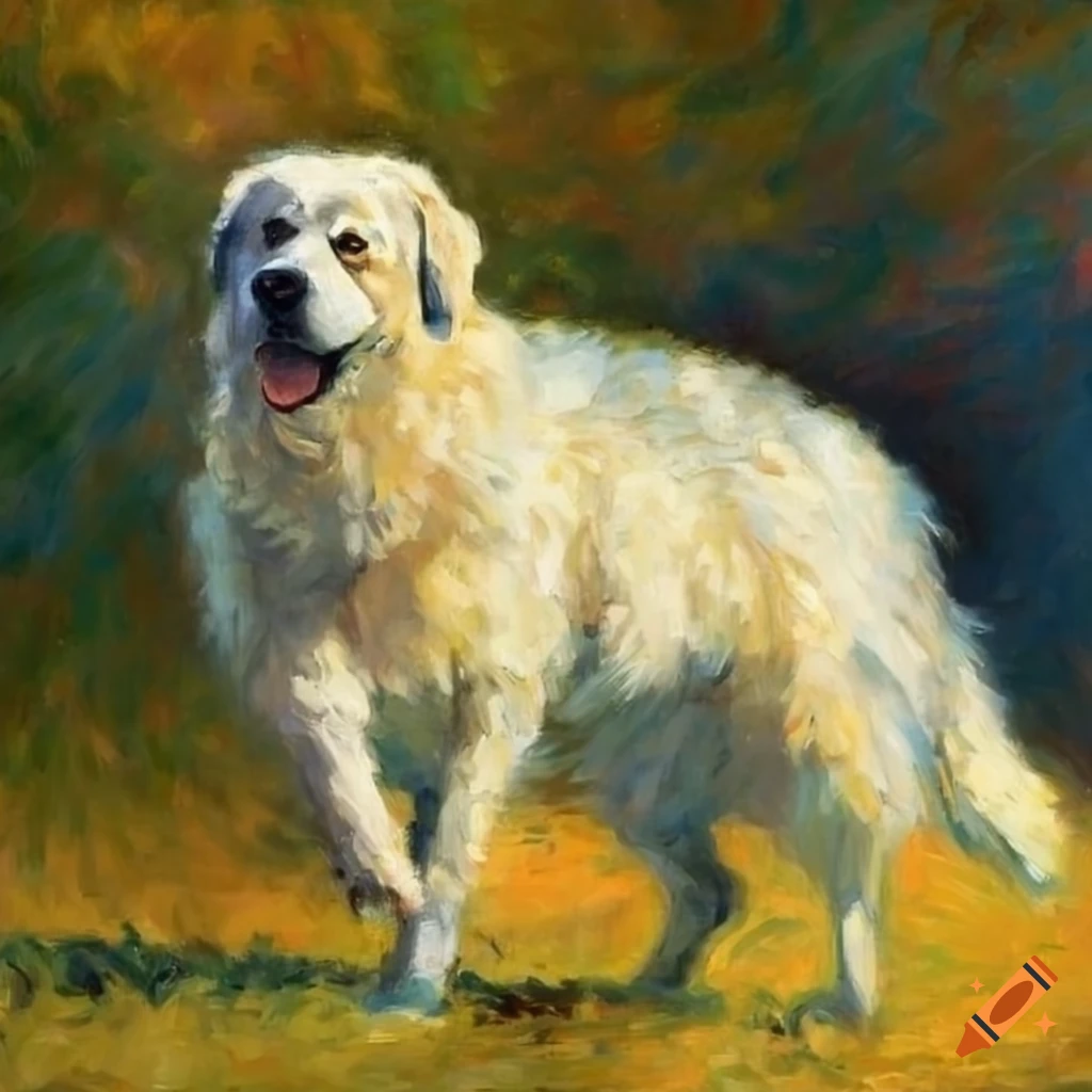 Monet-style painting of a man playing with a maremma sheepdog