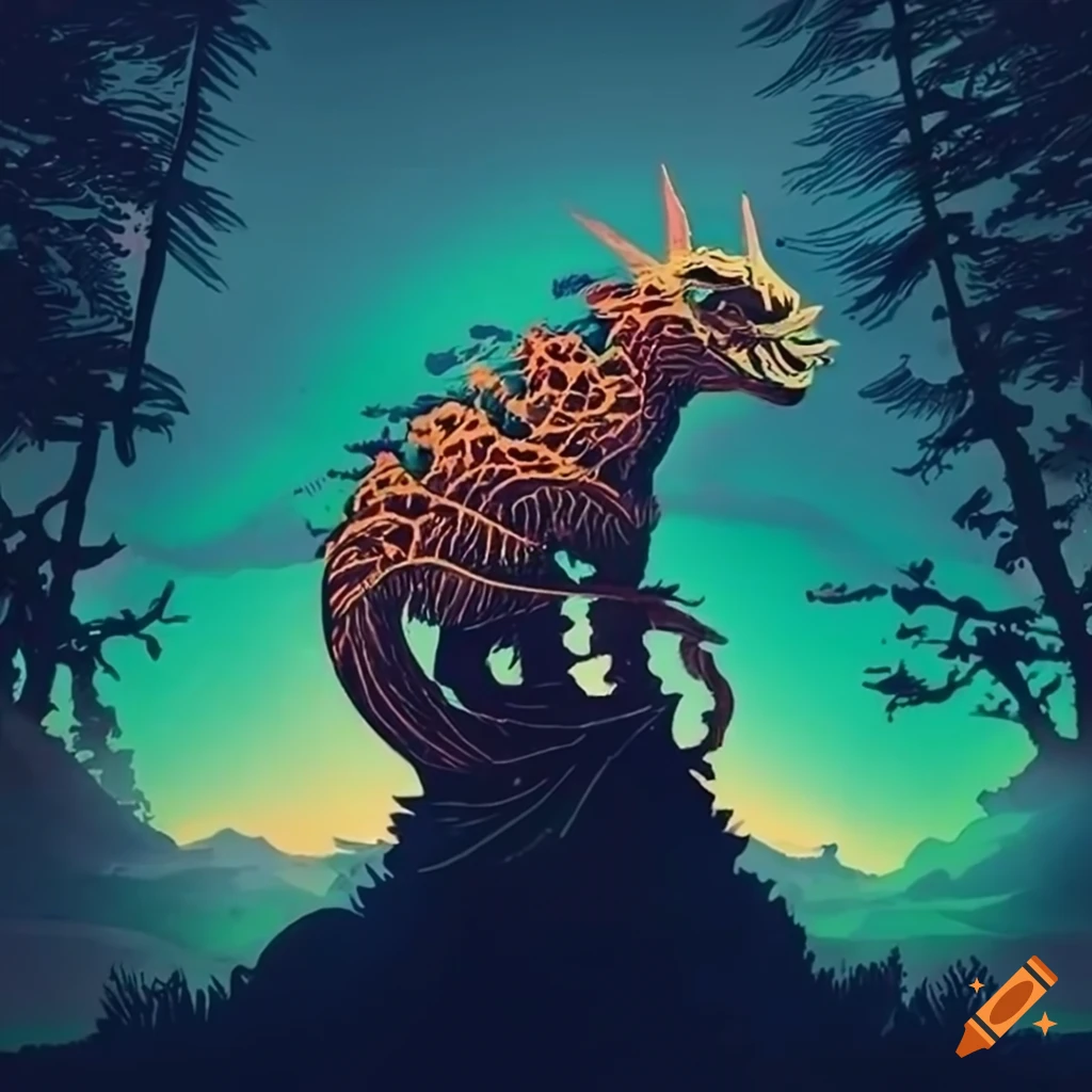 Colorful pen and ink landscape with mythical creatures on Craiyon