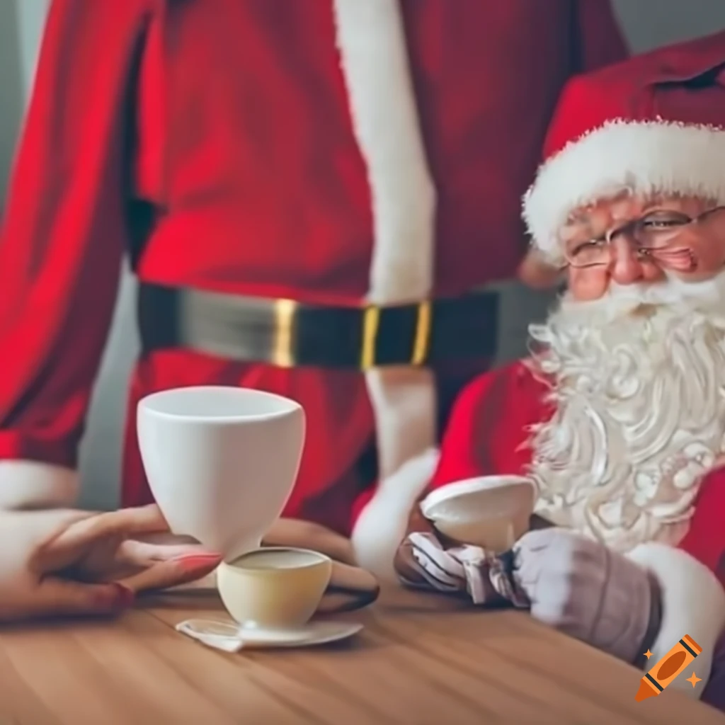 Santa claus giving gifts with parents enjoying coffee on Craiyon