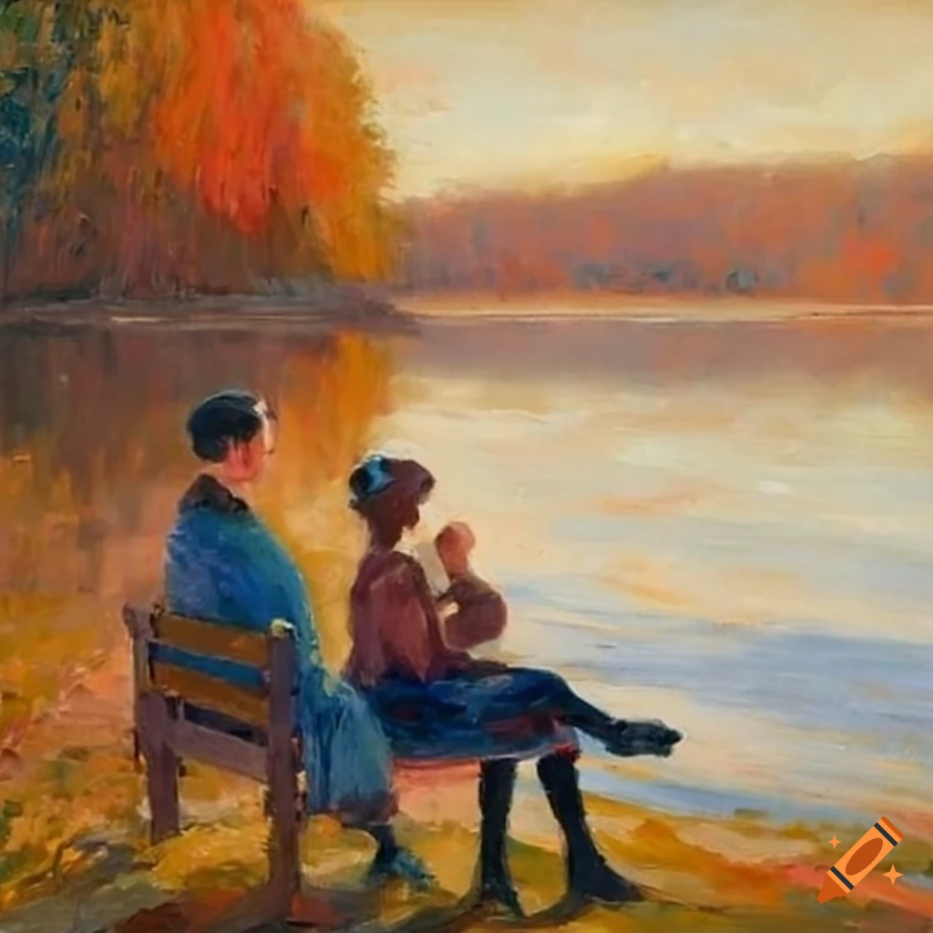 Impressionist painting of a couple sitting on a bench near a lake on ...