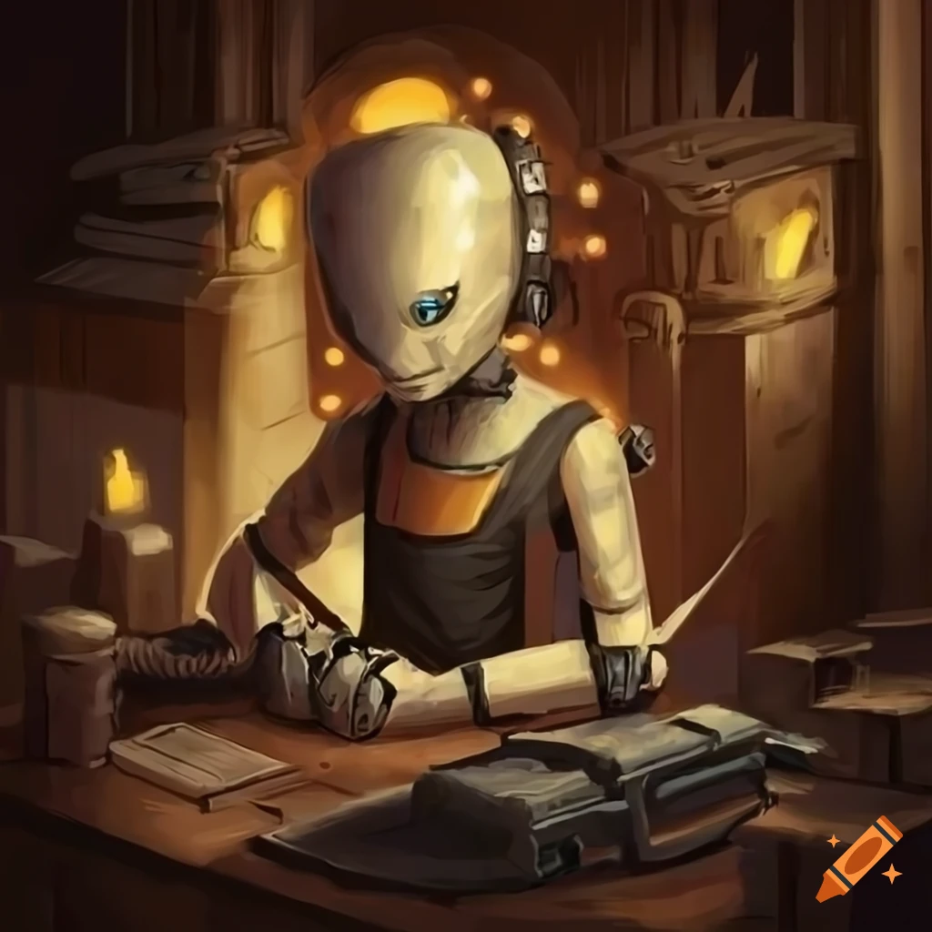 Fantasy art of a robot working at a renaissance factory