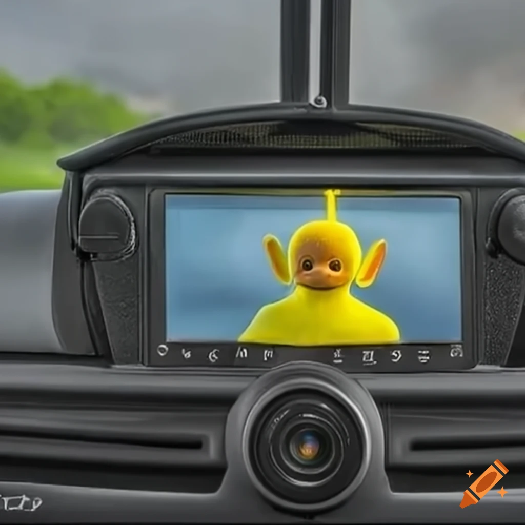 Realistic picture of a yellow teletubbie in a car rearview camera on ...