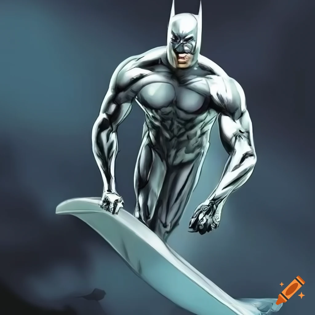 Artwork featuring a silver surfer version of batman on Craiyon