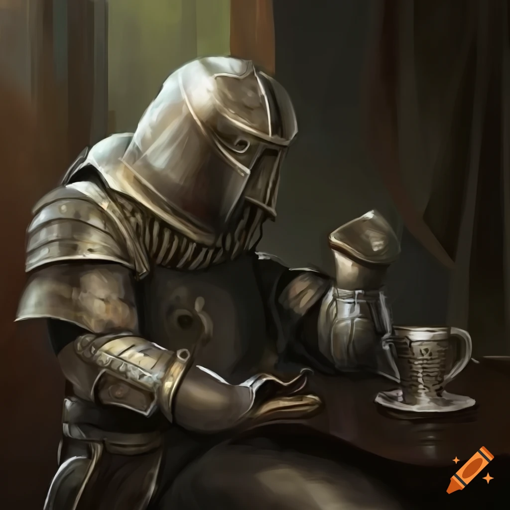 Knight chasing tea cup with death pursuing the knight in a futuristic fantasy setting on Craiyon