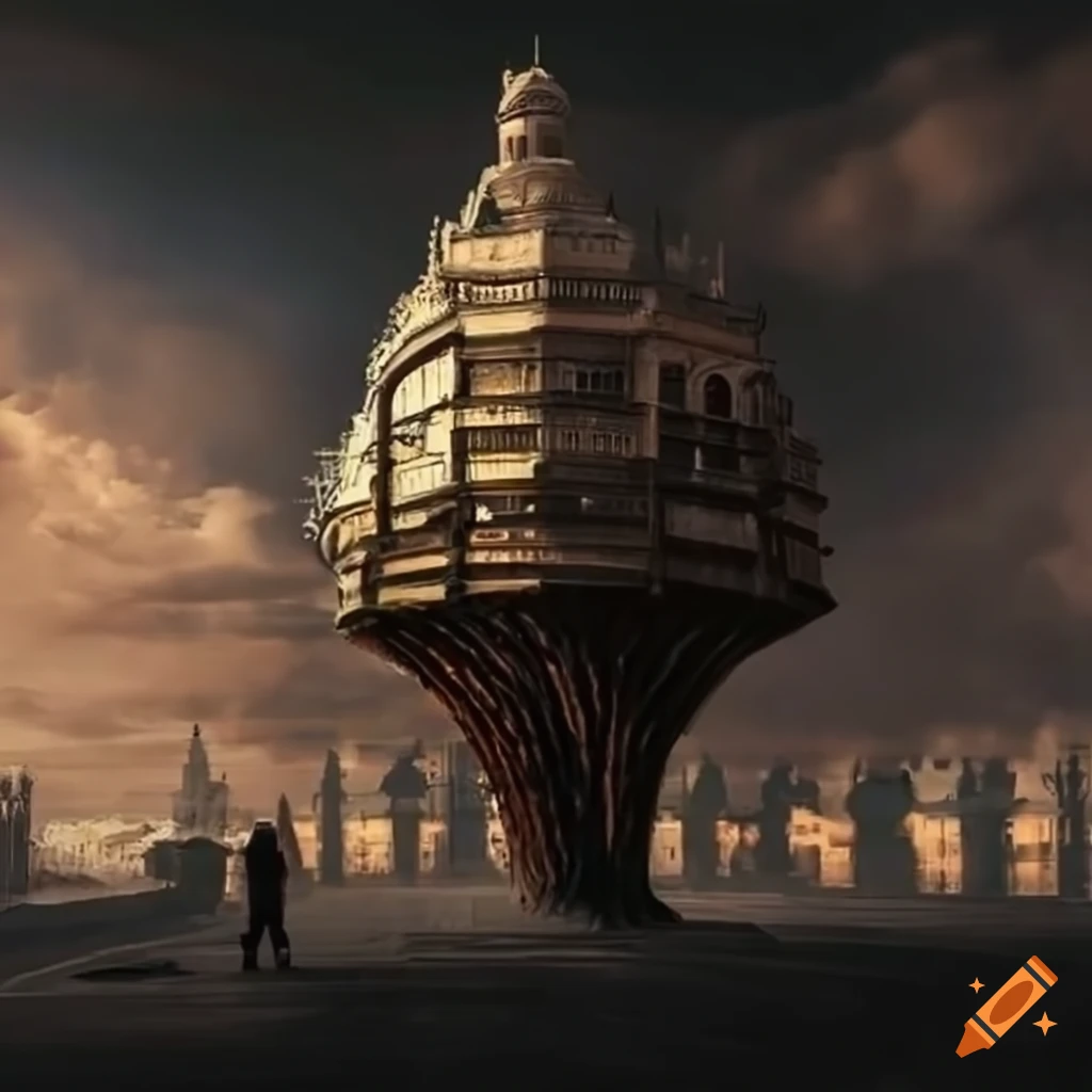 Steampunk tree-building in a city square on Craiyon