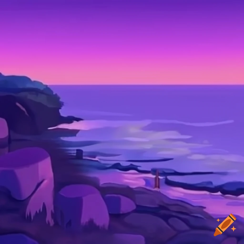 Purple beach with rocky cliffs on Craiyon