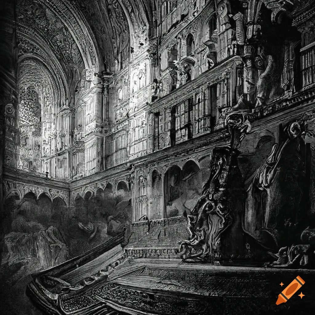 Black and white engraving style view of the royal library of san ...