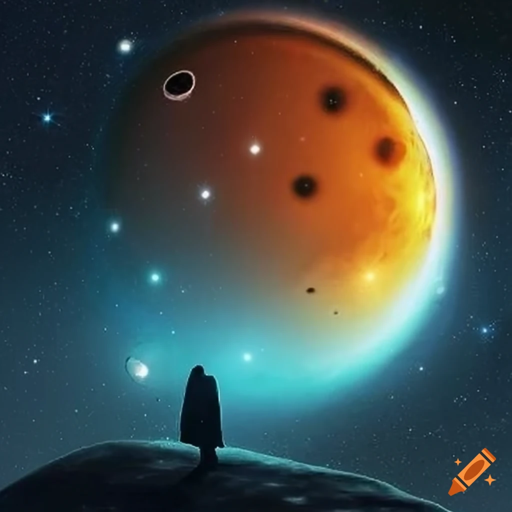 Artistic depiction of a man surrounded by stars, sun, and moon on Craiyon