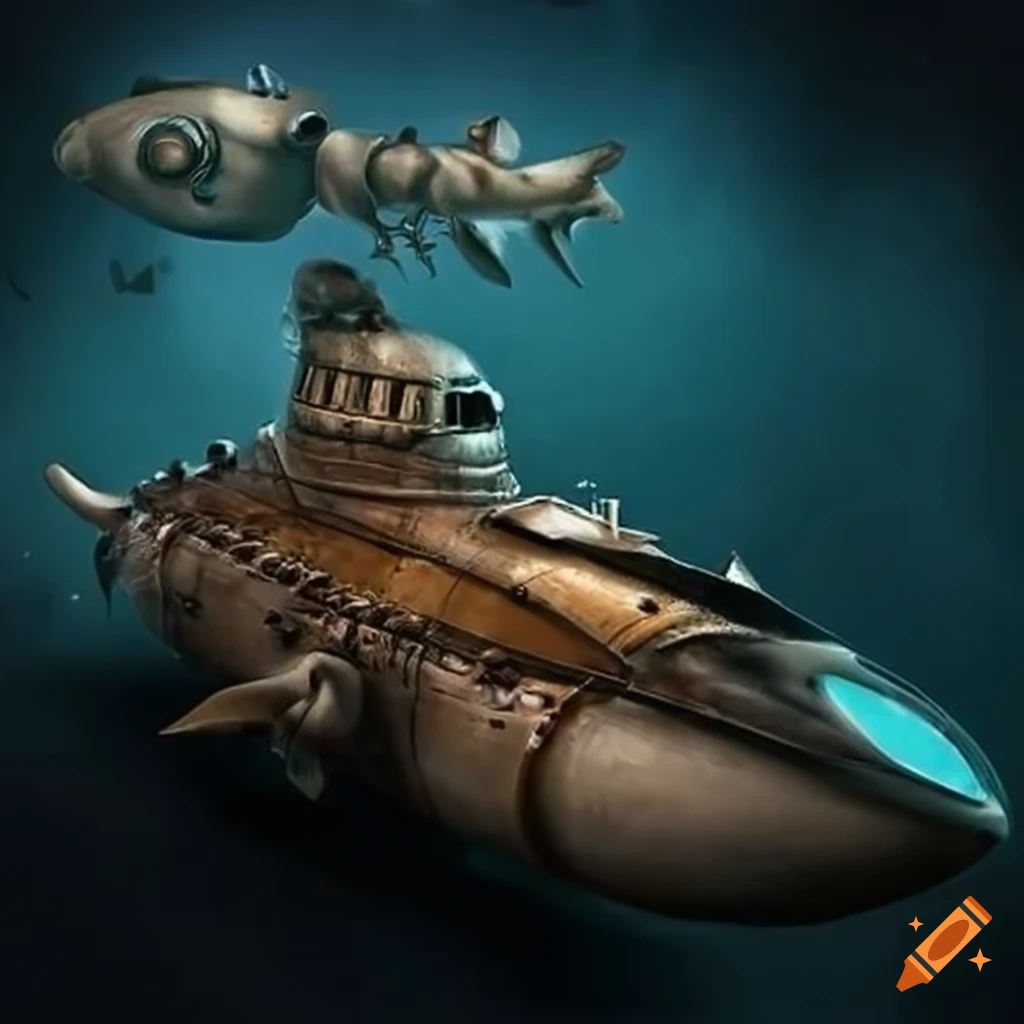 Image of a steampunk shark-submarine on Craiyon