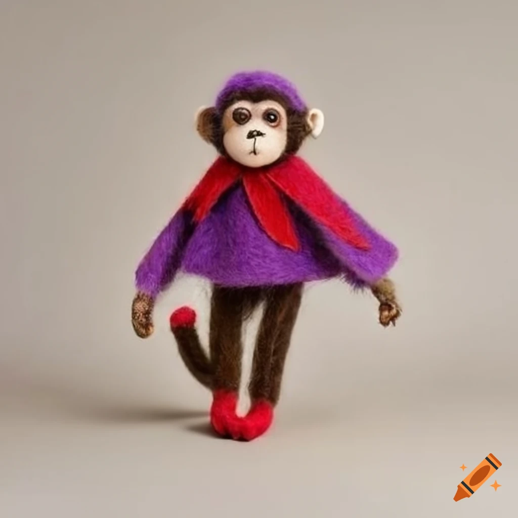 Adorable felted wool monkey in red heels and purple cape