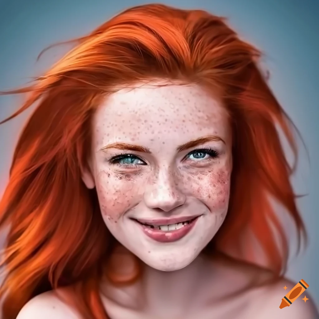 Portrait of a beautiful young woman with red hair and freckles on Craiyon