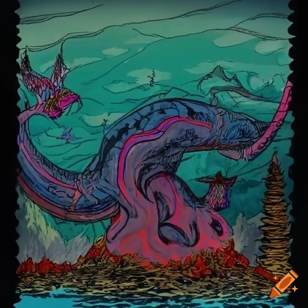 Color pen and ink landscape with fantasy creatures on Craiyon