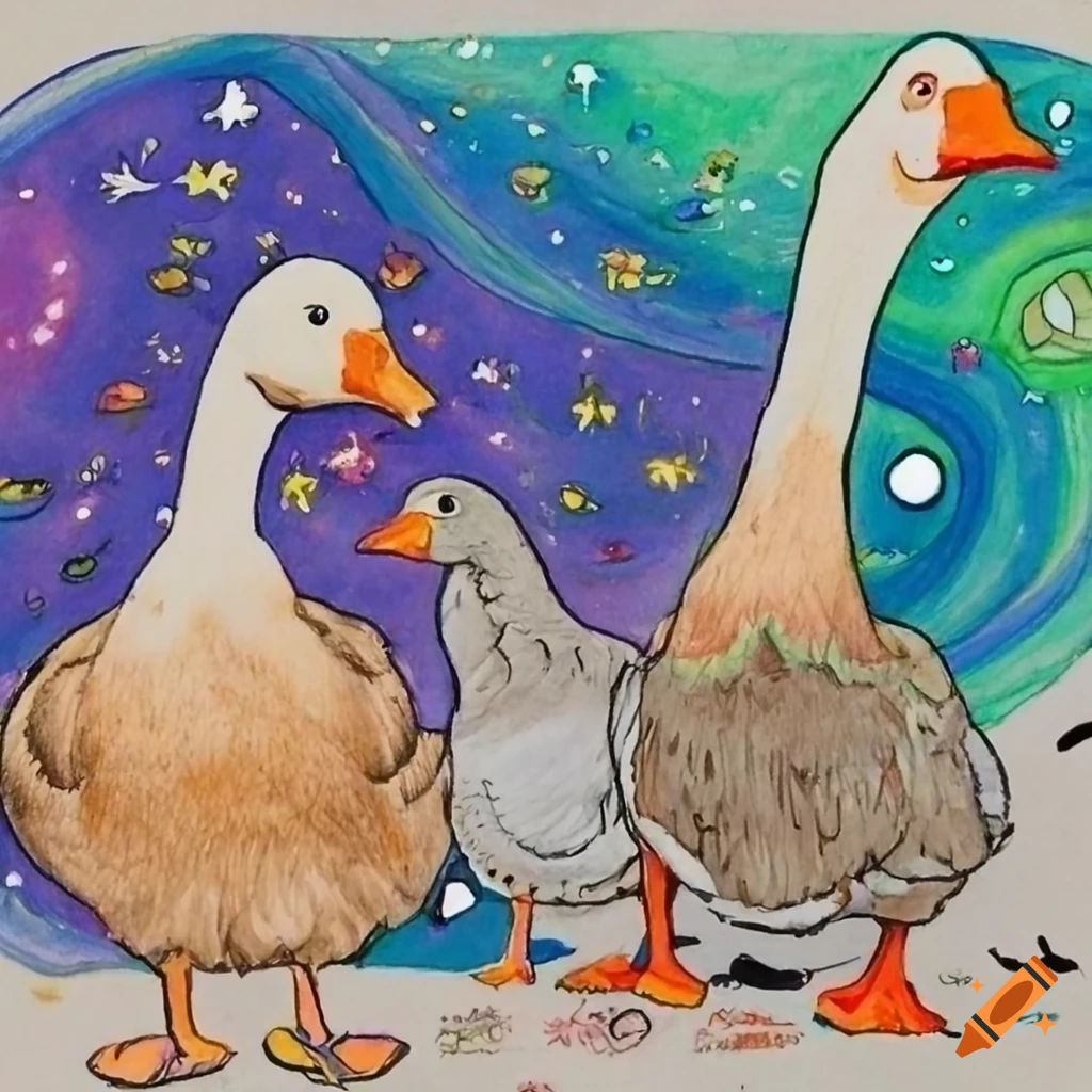Colorful illustration of a goose and chicken in space