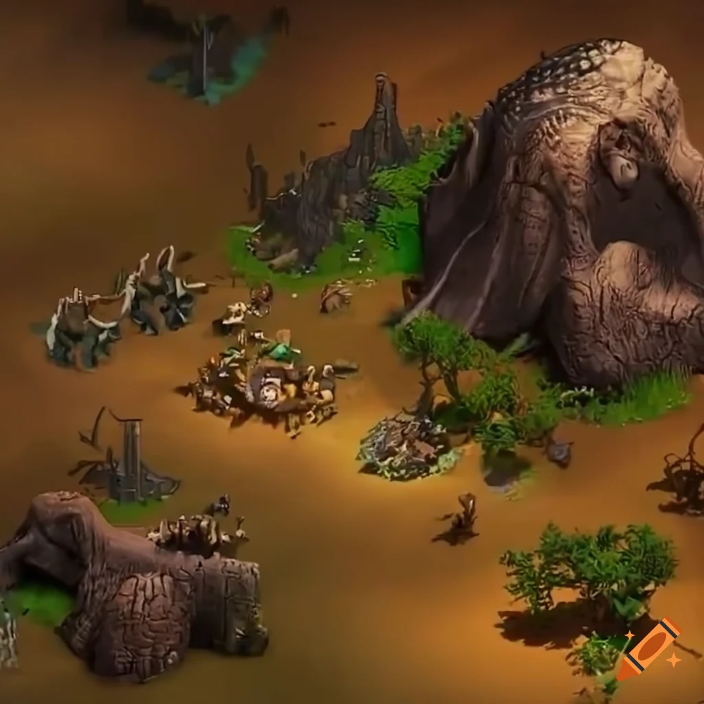 Ultra high definition strategy gameplay with cavemen and dinosaurs