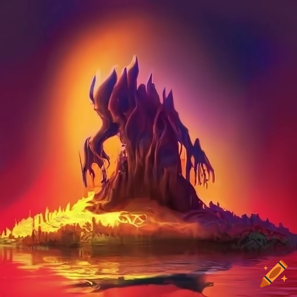 Wide shot of an oily elemental emerging from a red lake on Craiyon