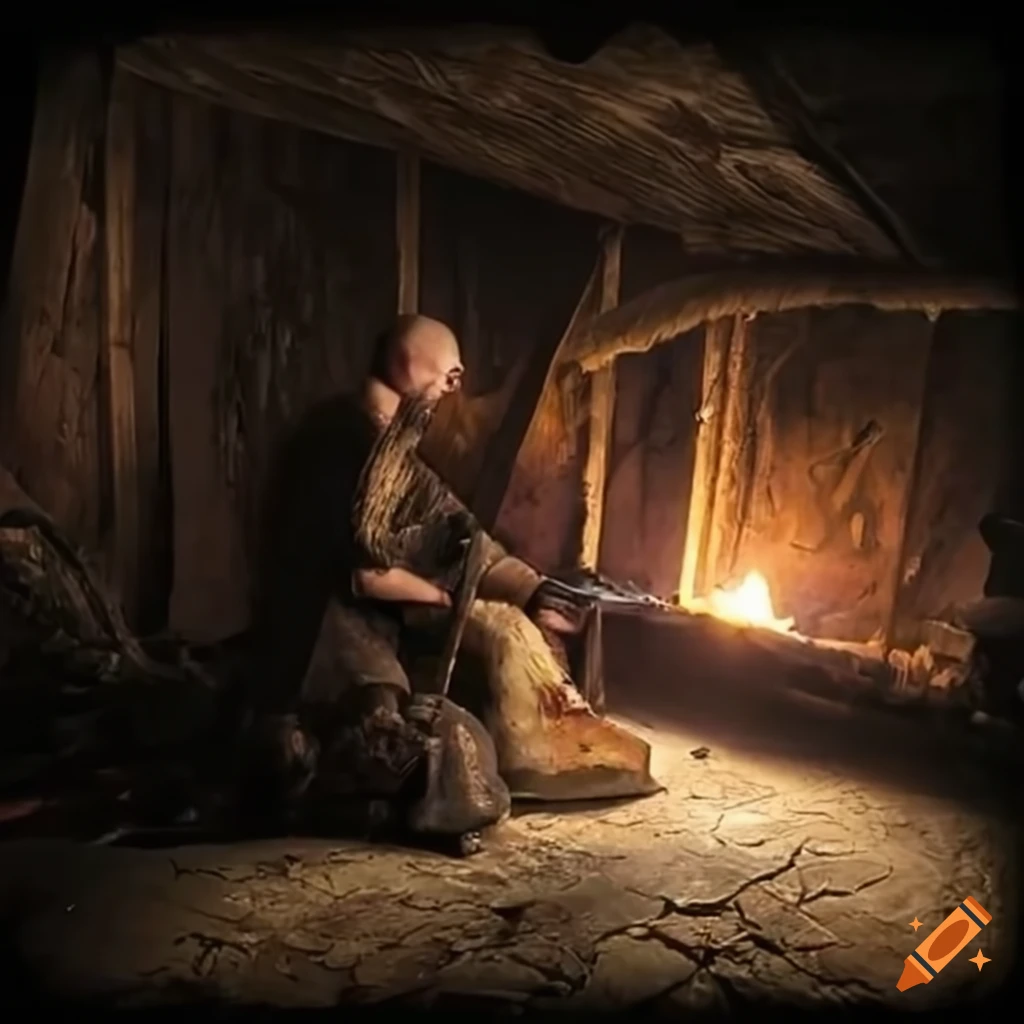 Viking warrior battling shadows in a shack