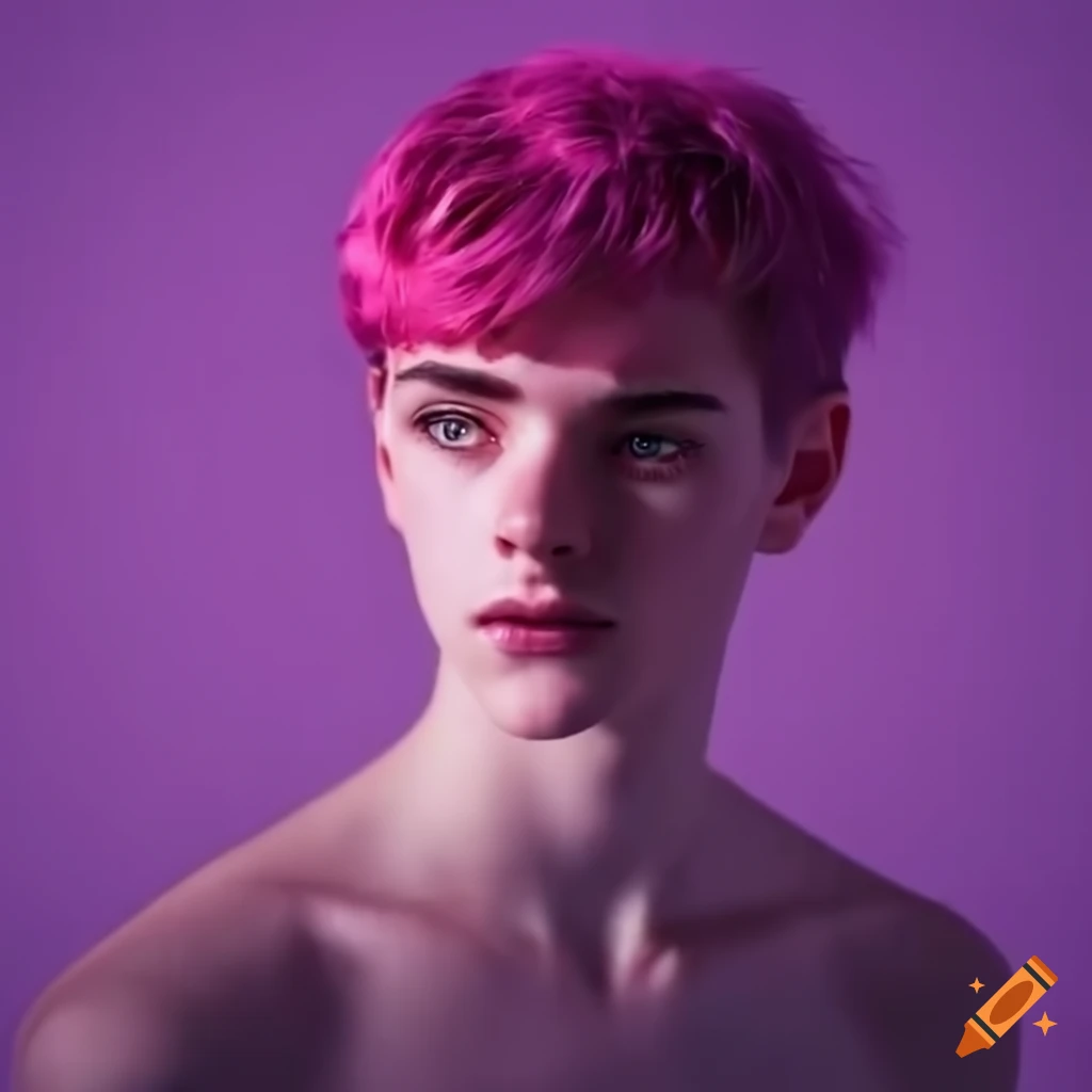 Portrait of a young man with pink hair and indigo eyes on Craiyon
