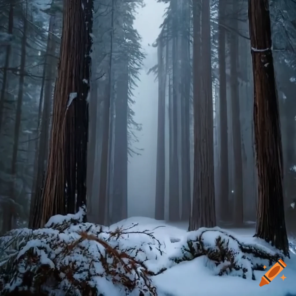 A redwood forest covered in thick snow