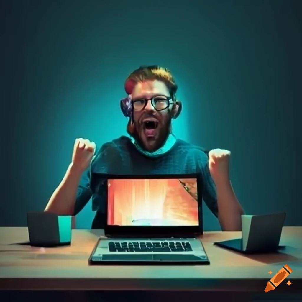 Developer celebrating while working at a desktop on Craiyon