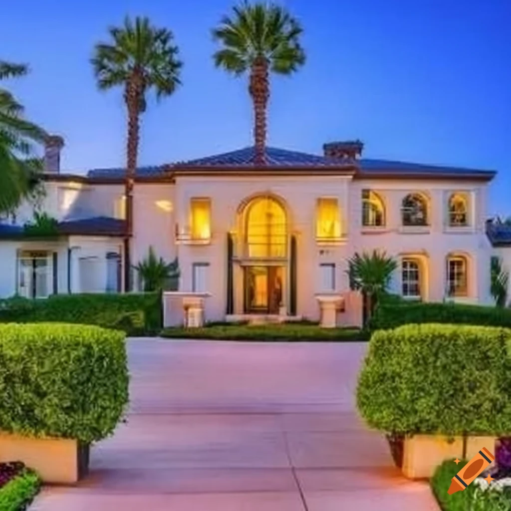 Sunset view of a luxurious mansion in california