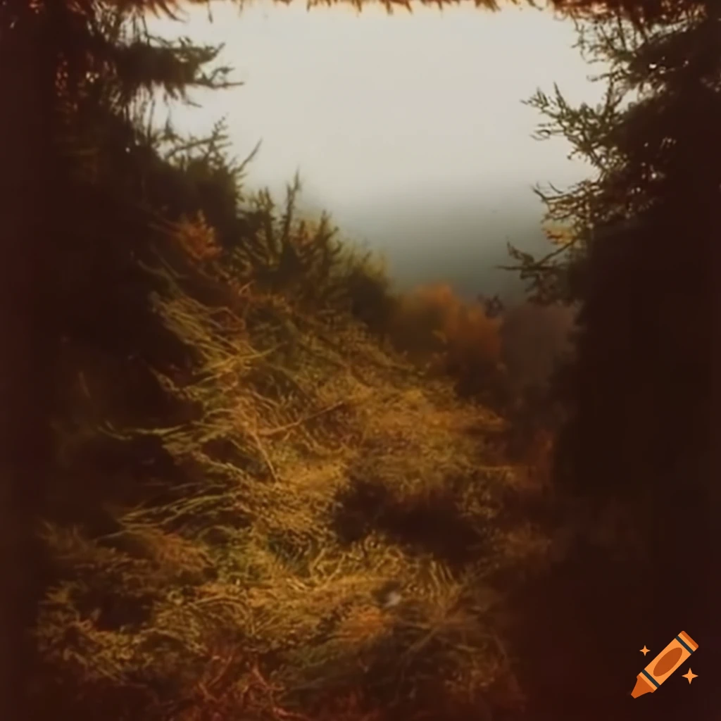 Vintage film-style image of a rainy forest landscape