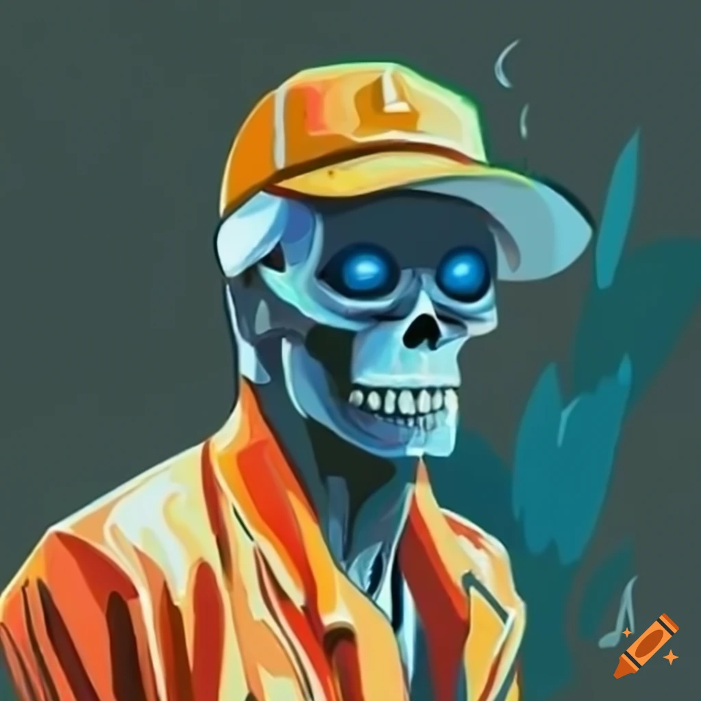 Stylized dark blue skeleton with glowing eyes and mouth on Craiyon