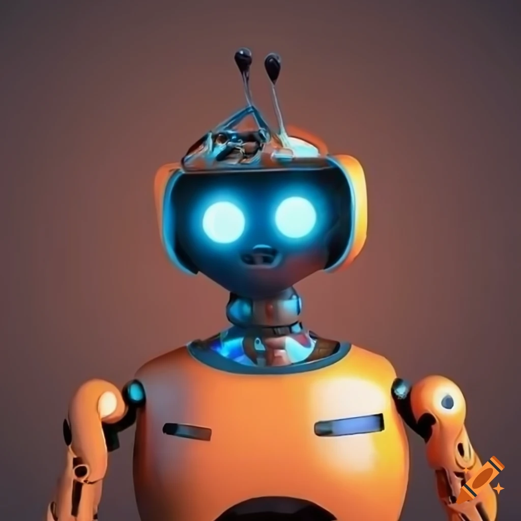 Robot with purple cube body, orange circular head, short green legs ...