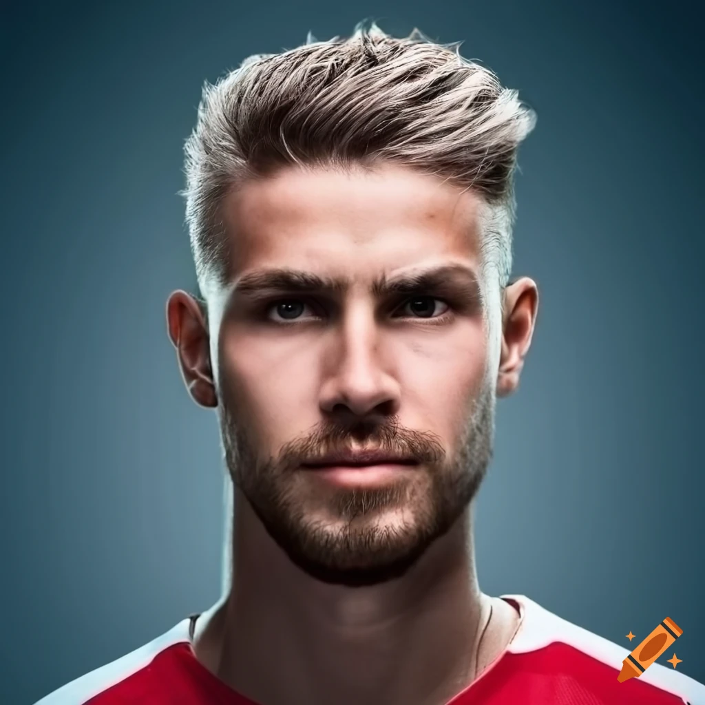 Close-up of a Danish soccer player with short hair and beard on Craiyon