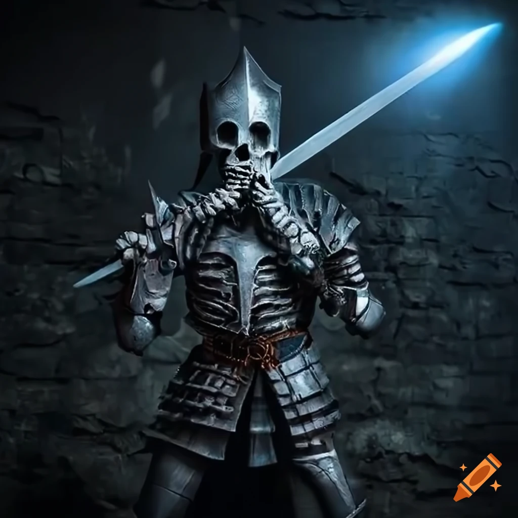 Dark fantasy artwork of an armored skeleton knight with a sword on Craiyon