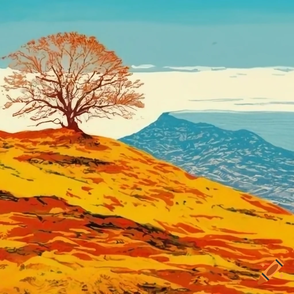 Linocut style artwork of a powerful autumn tree on a mountain on Craiyon