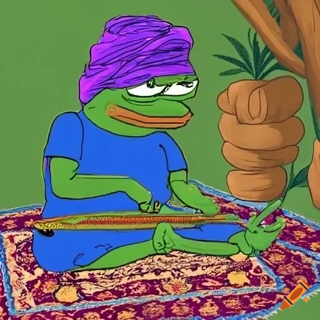 Pepe the frog doing yoga on a persian carpet on Craiyon
