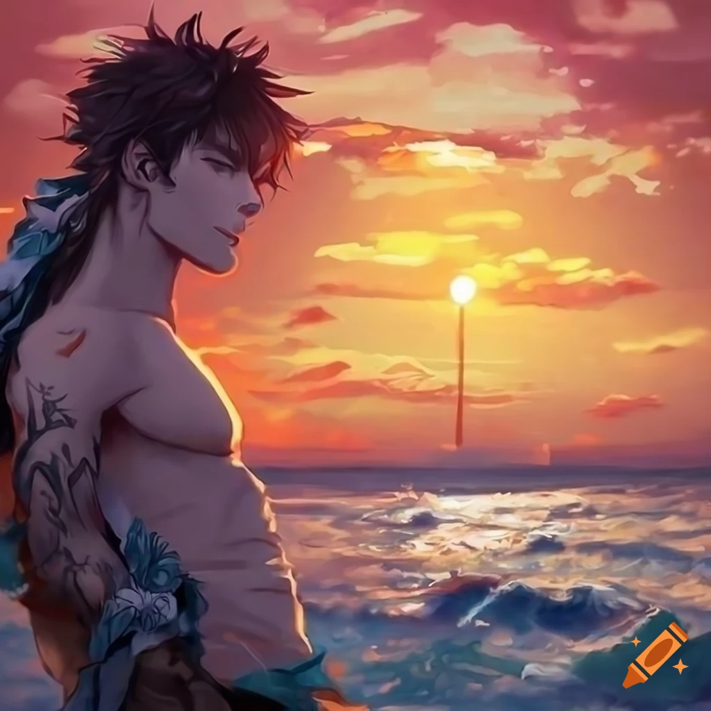 Epic anime-style portrait of a man emerging from the sea at sunset on ...