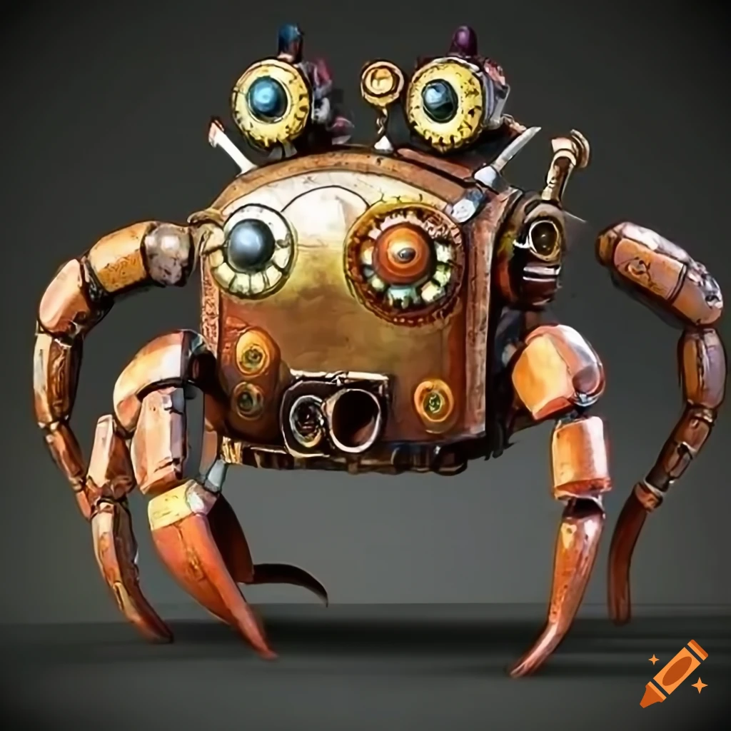 Steampunk crab robot with ruby eyes
